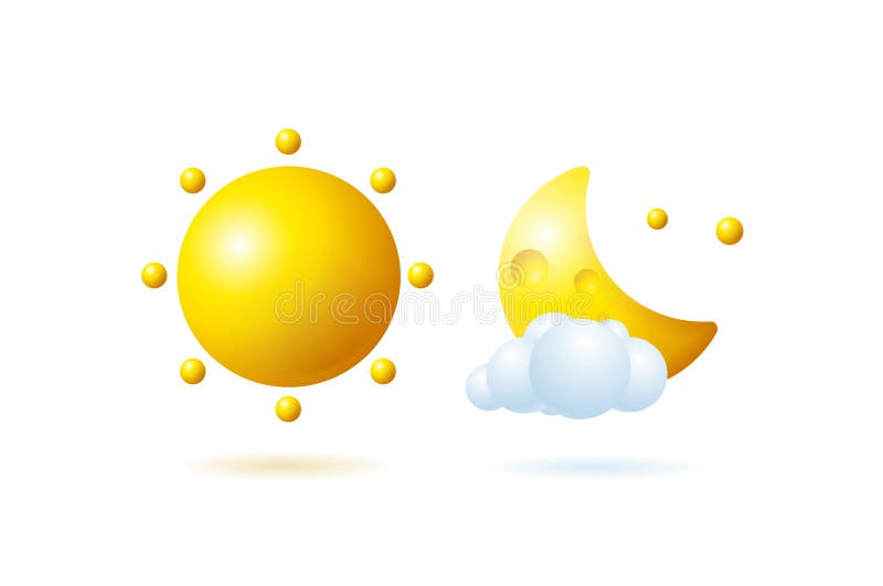 3d Yellow Sun with Rays and Crescent Moon Set Forecast Concept Cartoon ...