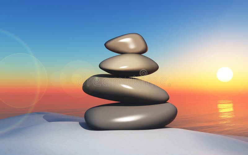 3D Zen Landscape with a Stack of Pebbles in Sand Against a Sunset Sky ...