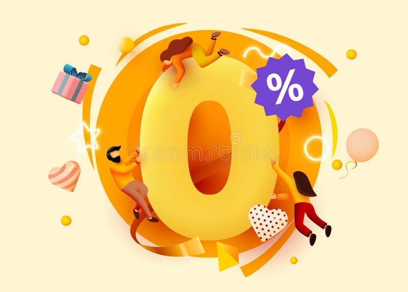 3d Zero Number with Flying People. Zero Percent Commissions Stock ...