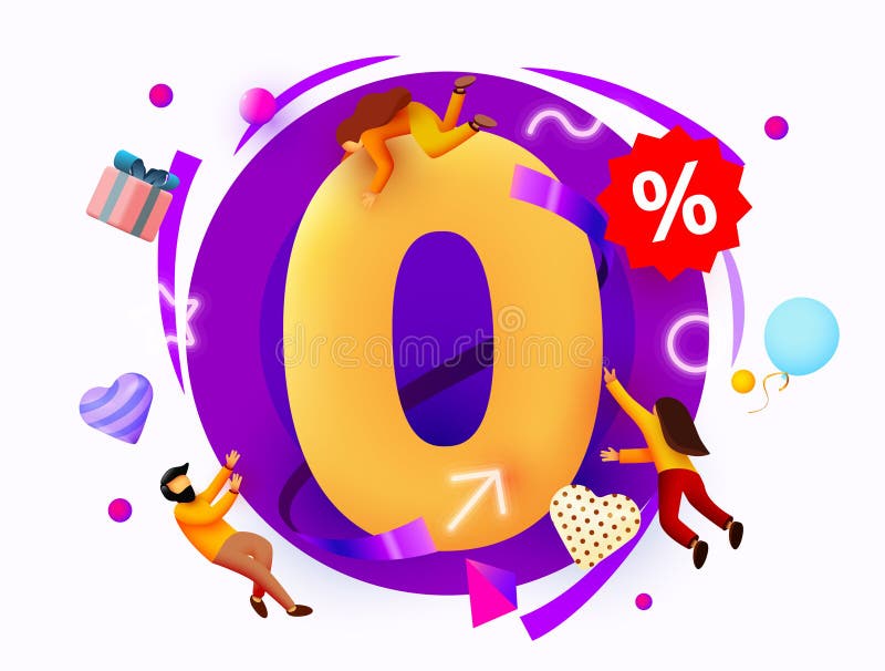 3d Zero Number with Flying People. Zero Percent Commissions Stock ...