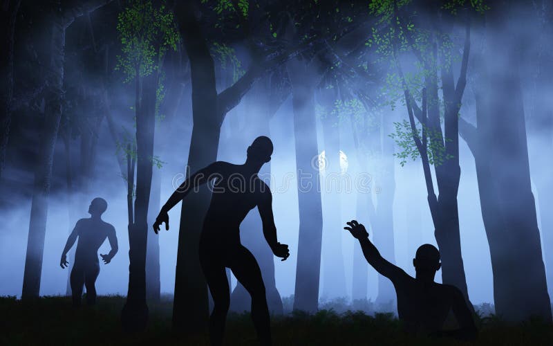 3D Zombies in Spooky Foggy Forest Stock Illustration - Illustration of ...