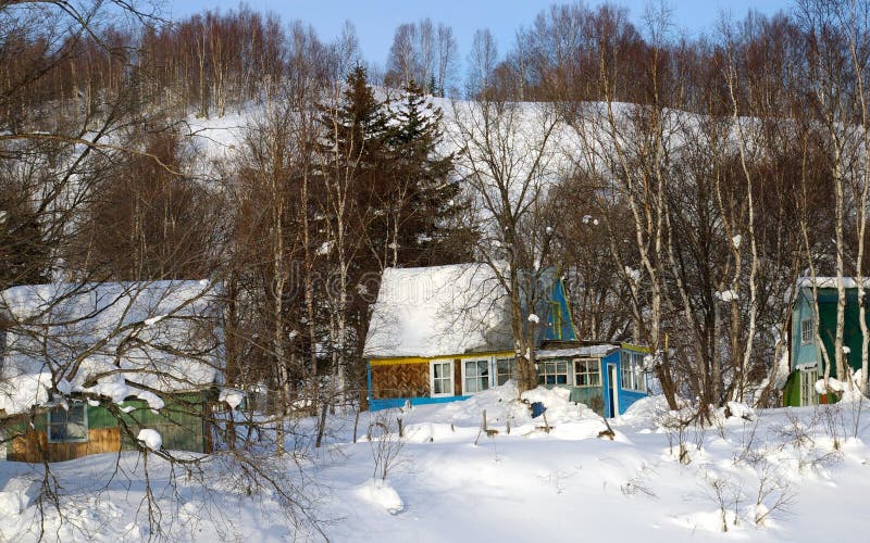 Dacha-lodges in Snowdrift. the Sakhalin. Stock Image - Image of ...