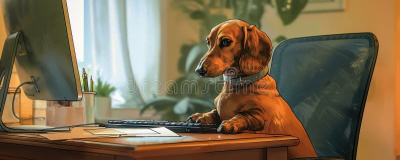 Dachshund Dog Sits at Desk in Front of Computer Screen, Wearing Tiny ...