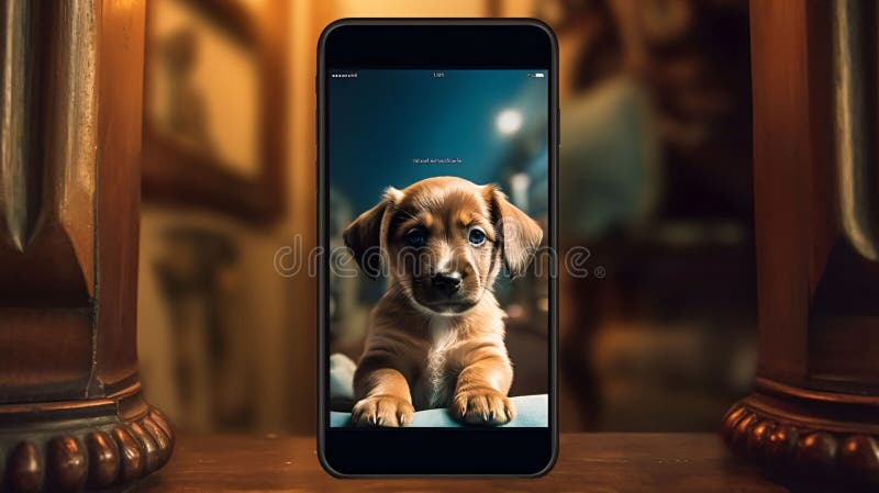 Dachshund Puppy Looking at the Camera on the Phone Screen Stock ...