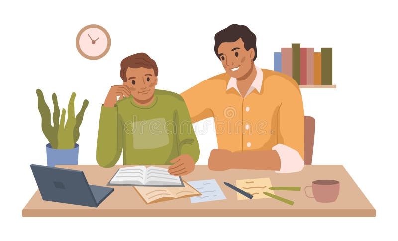 Dad Helping Teenager with Homework Stock Vector - Illustration of ...