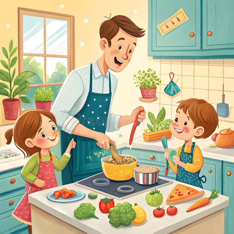 Dad and Kids Cooking in the Kitchen, Stock Illustration - Illustration ...