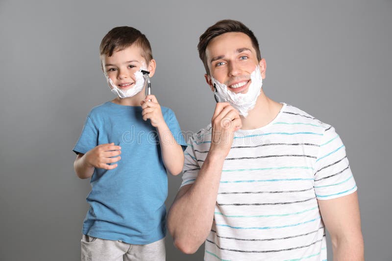 Dad Shaving and Little Son Imitating Him Stock Photo - Image of little ...