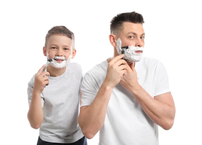 Dad Shaving and Son Imitating Him at Mirror Stock Photo - Image of ...