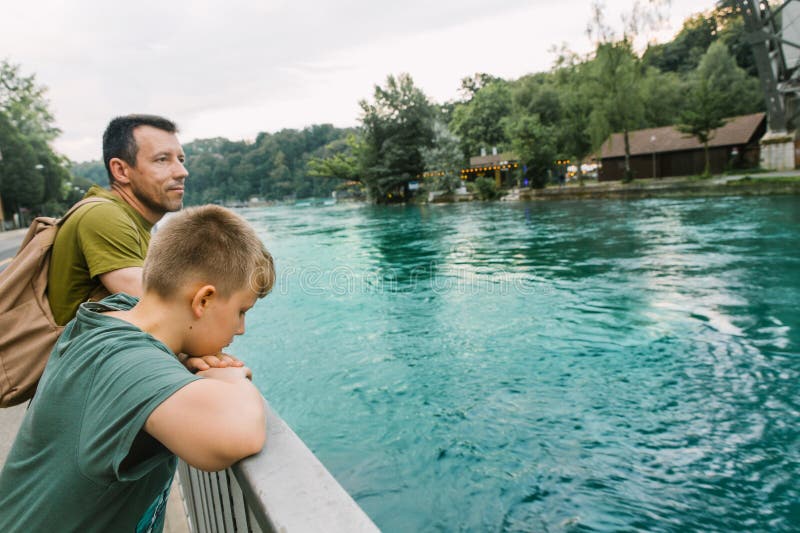 Dad Son Look Turquoise River Switzerland City Stock Photo - Image of ...