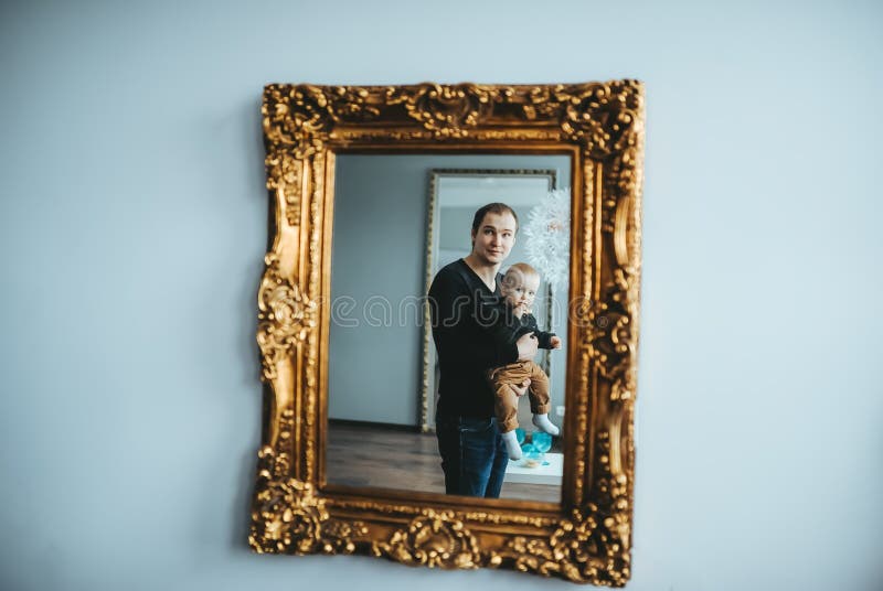 Dad and Son Reflection in a Mirror Stock Image - Image of reflection ...