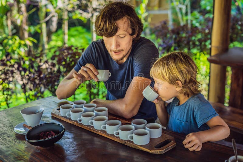 Dad and Son are Tasting Different Kinds of Coffee and Tea, Including ...