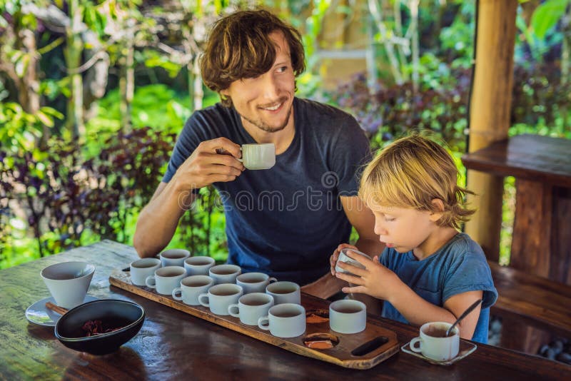 Dad and Son are Tasting Different Kinds of Coffee and Tea, Including ...