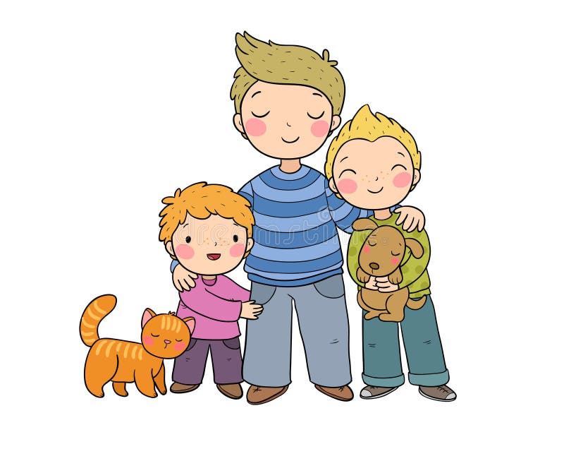 Dad and Sons. Three Brothers. Three Friends and Their Pets a Cat and a ...