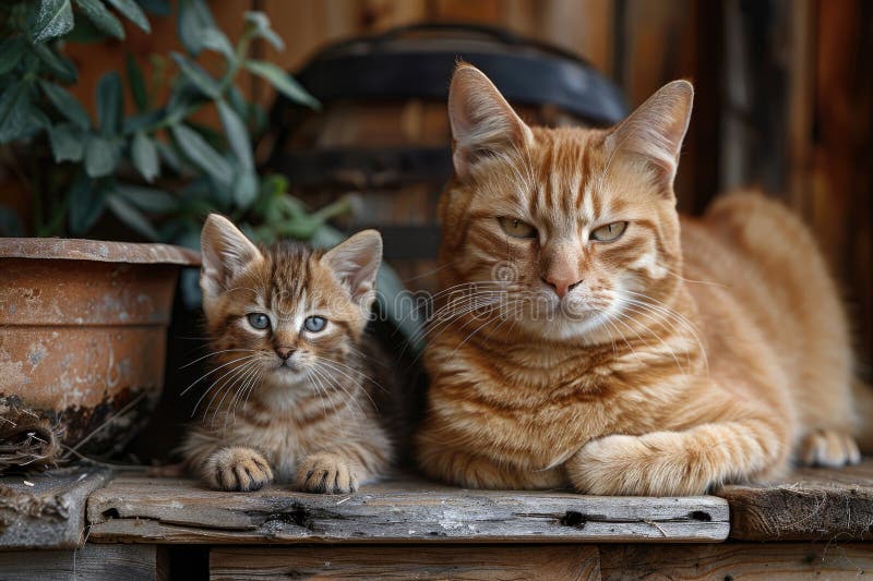 Daddy Cat and a Little Kitten. Both Ginger Cat. Stock Image - Image of ...