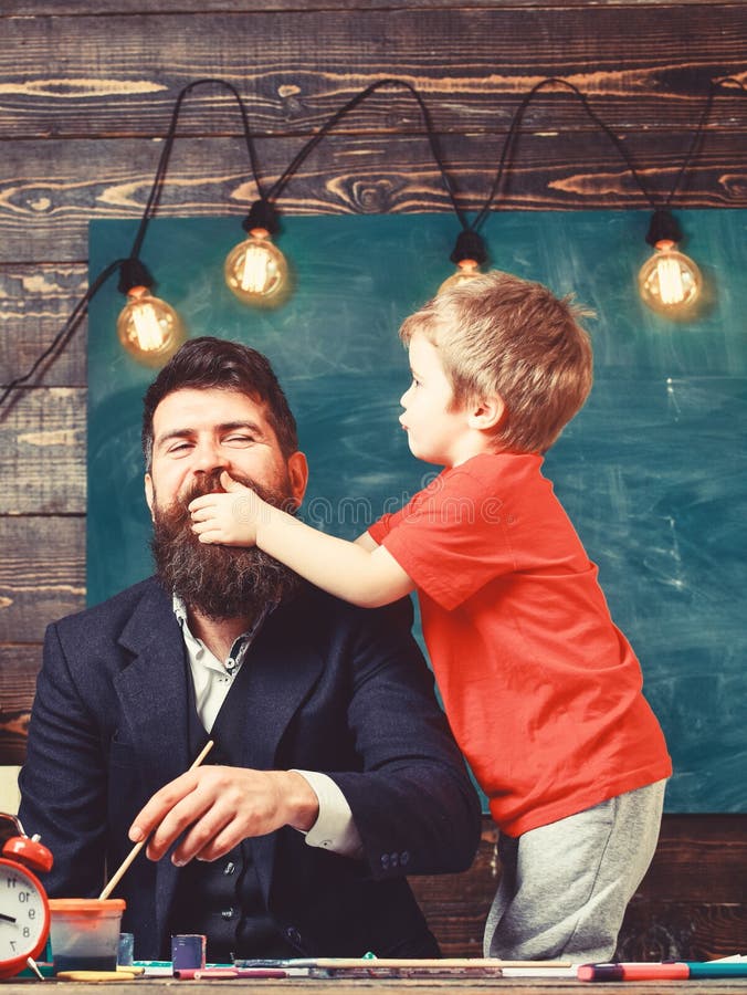Daddy and Child Making Funny Faces. Handsome Guy Laughing while His Son ...