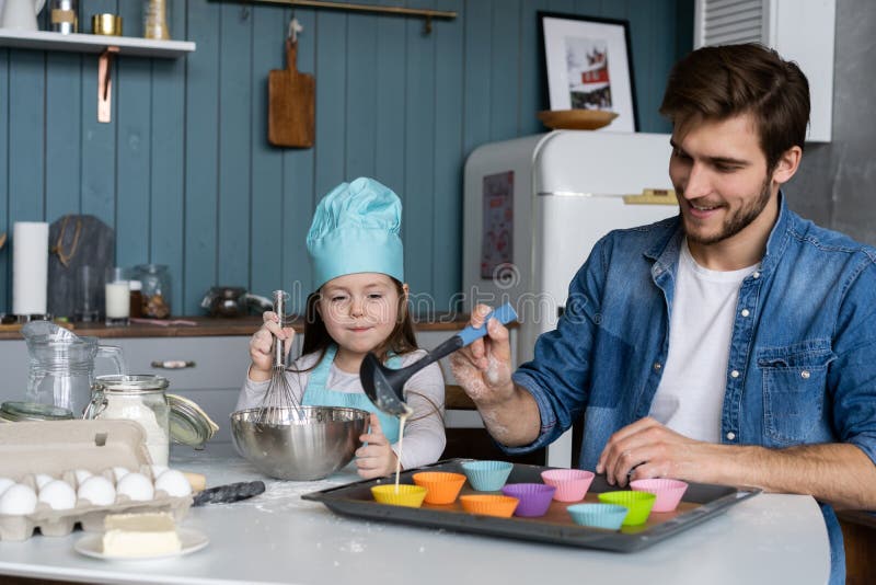 Daddy with Daughter Baking Cake Together in Home Kitchen. Stock Image ...