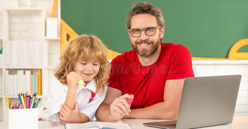 Daddy and Son Study in Classroom with Laptop, Online Education Stock Image - Image of child ...