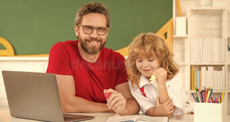 Daddy and Son Study in Classroom with Laptop, Online Education Stock ...