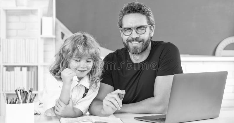 Daddy and Son Study in Classroom with Laptop, Online Education Stock ...