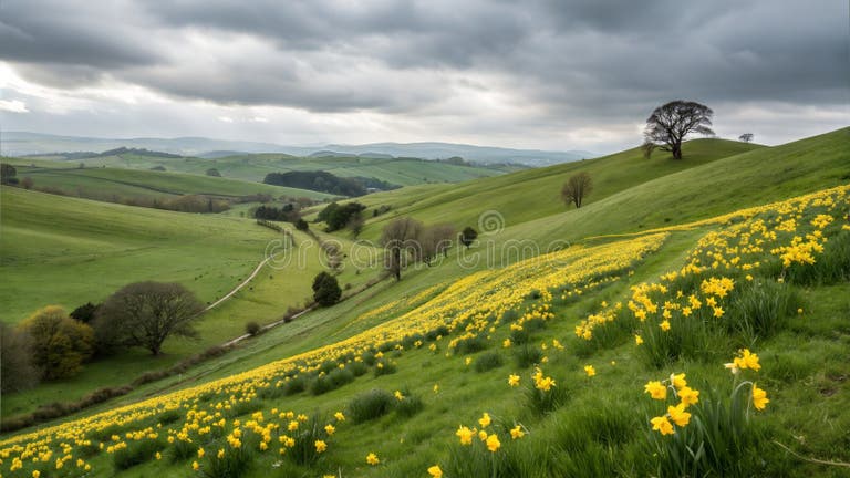 Daffodil Fields Rolling Across the Hills in Spring Stock Image - Image ...