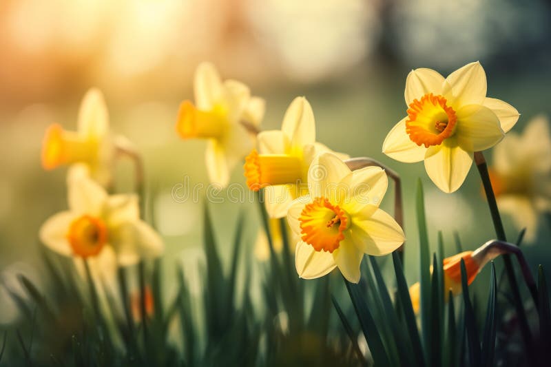 Daffodils in Beautiful Natural Landscape with Bokeh in Background Stock ...
