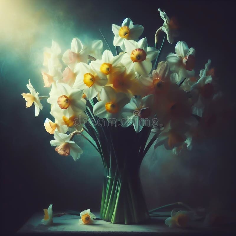 Daffodils Bouquet with Dramatic Side Light. Flowers and Plants in ...