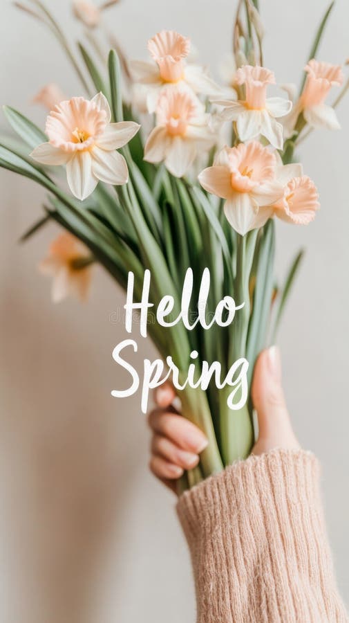 Daffodils in Female Hands with Text Hello Spring, Concept of Springtime ...