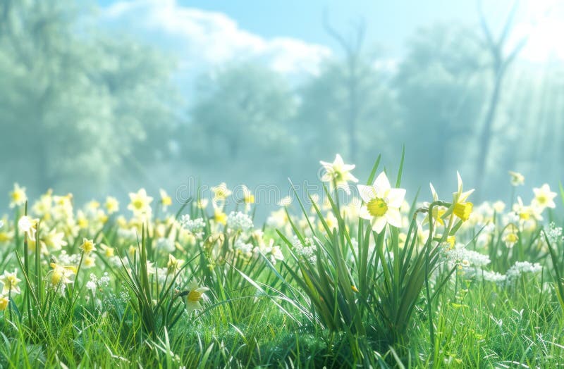 Daffodils in a Grassy Green Area in Spring Sun Light Stock Image ...