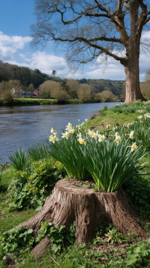 Daffodils Growing from a Tree Stump on a Riverbank in Springtime ...