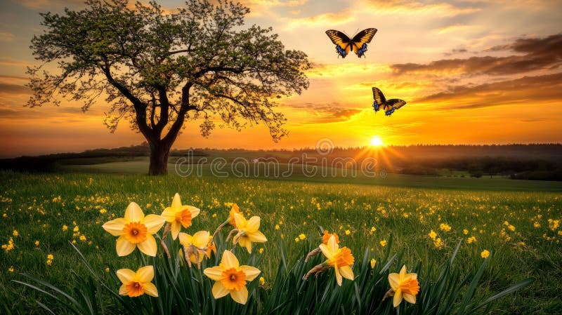Daffodils that are Vibrant and Yellow, Accompanied by Butterflies that ...