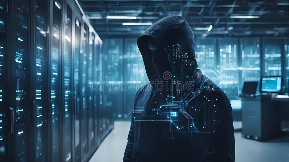 Dagerous Hacker Stealing Data Inside a Server Room Stock Illustration ...