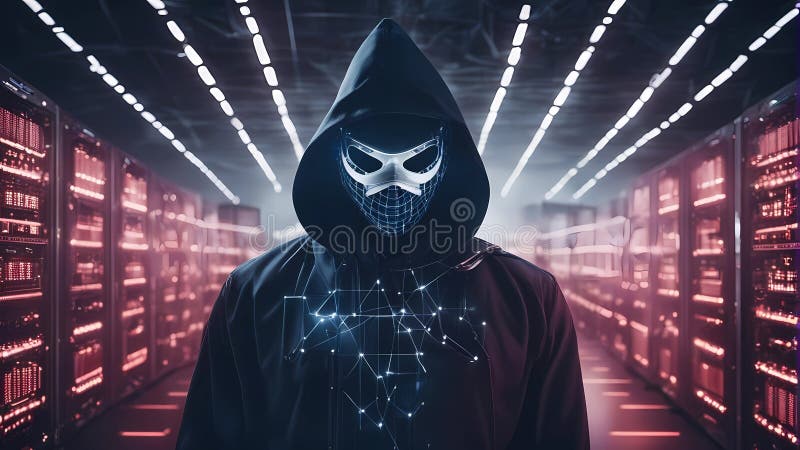 Dagerous Hacker Stealing Data Inside a Server Room Stock Illustration ...