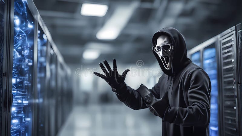 Dagerous Hacker Stealing Data Inside a Server Room Stock Illustration ...