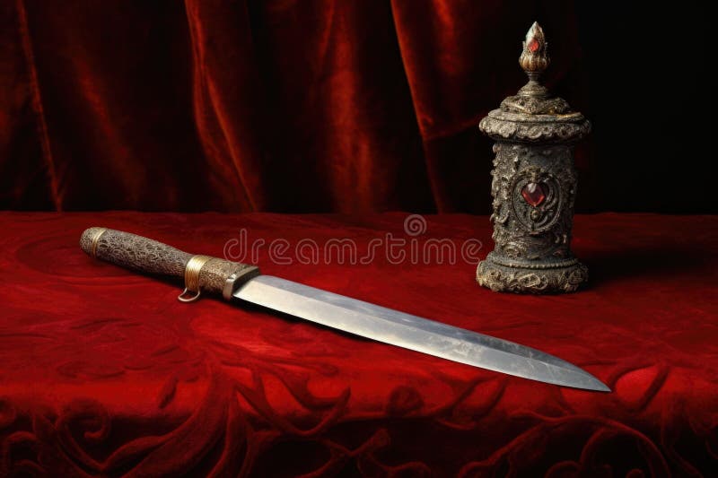 A Dagger and an Antique Sharpening Stone on a Red Velvet Surface Stock ...