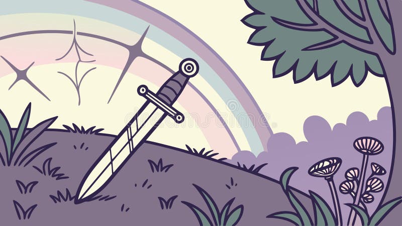 Dagger Embedded in Ground, with a Vibrant Rainbow in the Sky, Vector ...