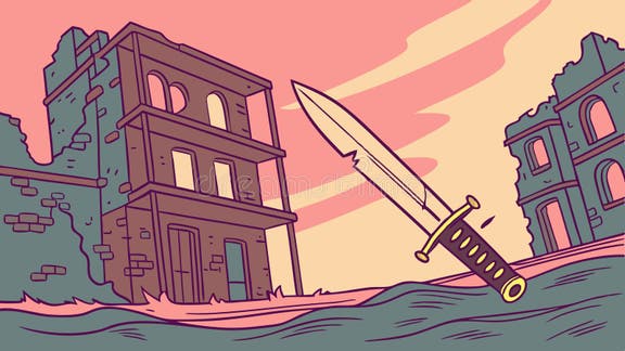 Dagger in Foreground, Crumbling Ruins in Postapocalyptic Setting ...