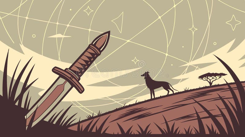 Dagger in Foreground with Dog and Stylized Cosmic Sky, Vector Design ...