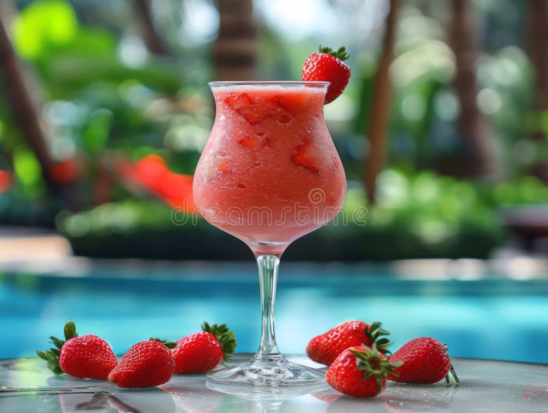 A Daiquiri with Strawberries Standing on a Table by the Pool. Stock ...