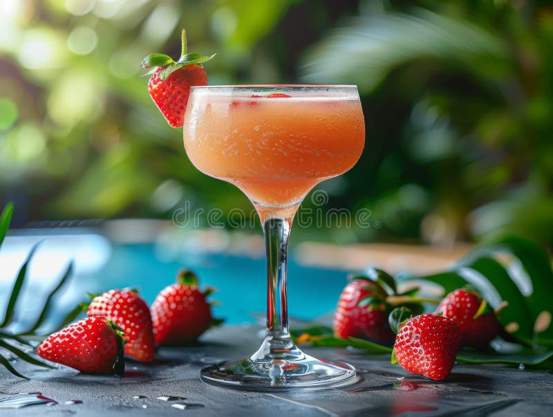 A Daiquiri with Strawberries Standing on a Table by the Pool. Stock ...