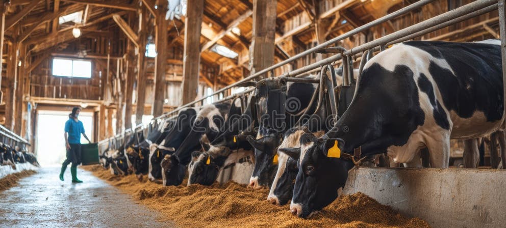 The Dairy Cows Feeding in a Rustic Barn Environment with a Farm Worker ...
