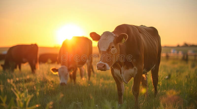 Dairy Cows Graze in a Field Bathed by the Warm Glow of a Setting Sun ...