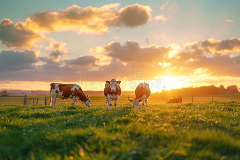 Dairy Cows Graze in a Field Bathed by the Warm Glow of a Setting Sun ...