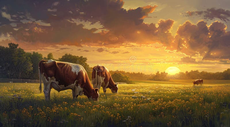 Dairy Cows Graze in a Field Bathed by the Warm Glow of a Setting Sun ...
