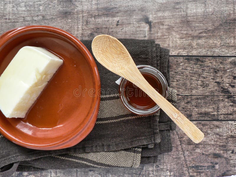 Dairy Curd Dessert, Honey Pot, Wooden Spoon on Wooden Table Stock Image ...