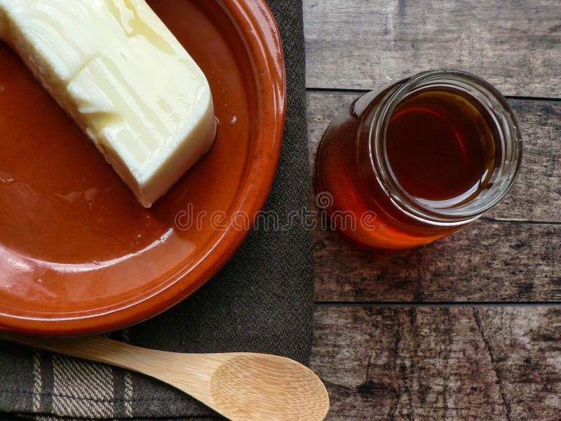 Dairy Curd Dessert, Honey Pot, Wooden Spoon on Wooden Table Stock Image ...