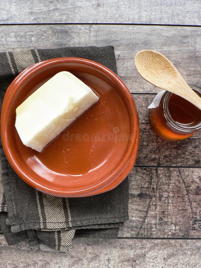 Dairy Curd Dessert, Honey Pot, Wooden Spoon on Wooden Table Stock Image ...