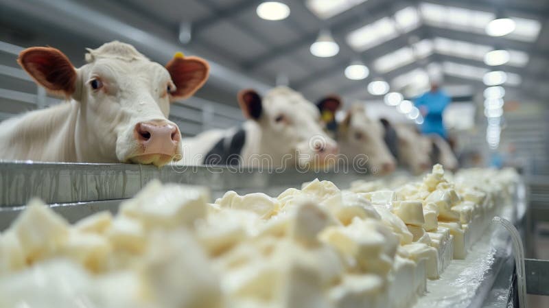 Dairy Farm with Cows Being Milked, Milk Being Processed, and Workers ...