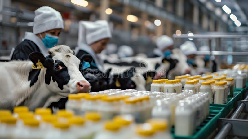 Dairy Farm with Cows Being Milked, Milk Being Processed, and Workers ...