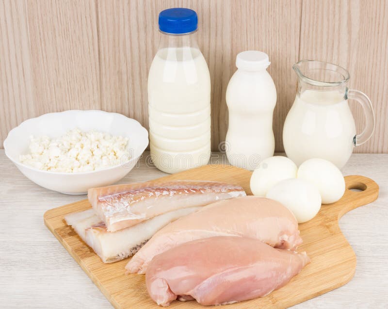 Dairy Products, Chicken Breast Fillet and Alaska Pollock Stock Photo ...