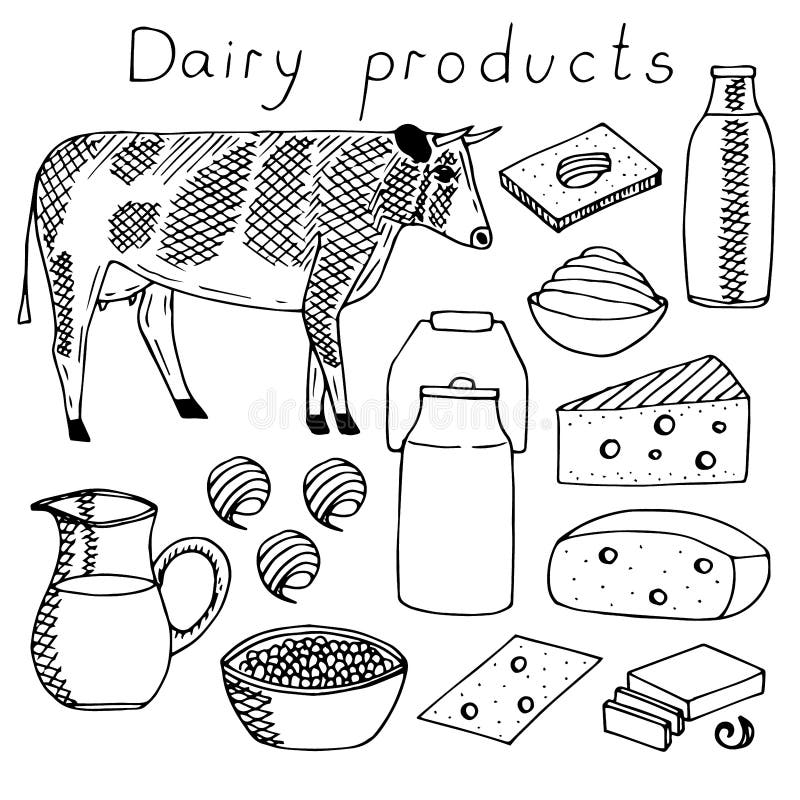 Dairy Products And Cow Set Vector Illustration Hand Drawing Sketch